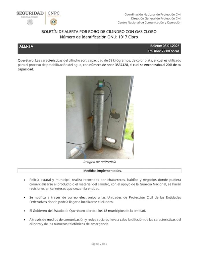 PC levanta alerta por robo de cilindro con gas cloro