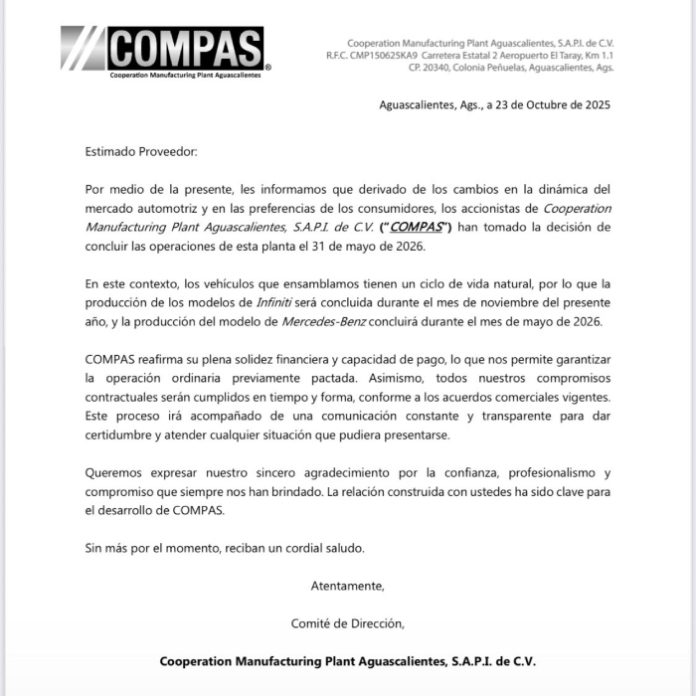 COMPAS cerrará planta automotriz de Aguascalientes en 2026