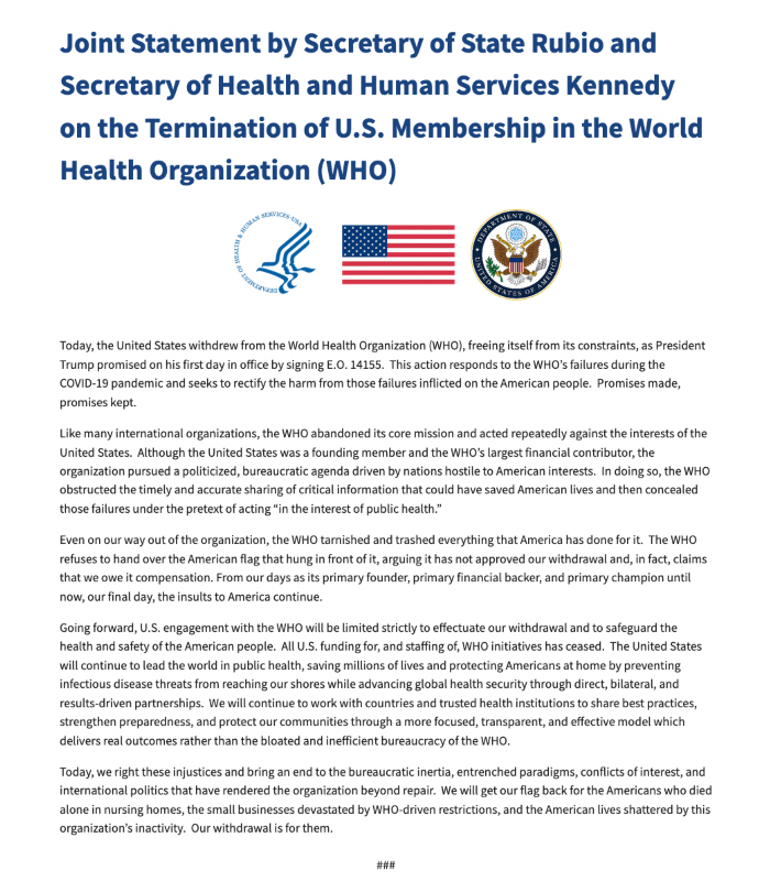 Estados Unidos se retira oficialmente de la OMS tras 78 años