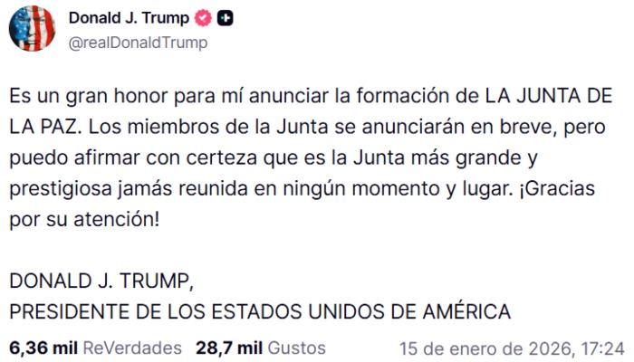 Trump: la Junta de Paz para Gaza ya está formada